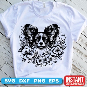 Papillon Dog SVG, Clipart, Papillon Mixed With Florals Vector Art ...