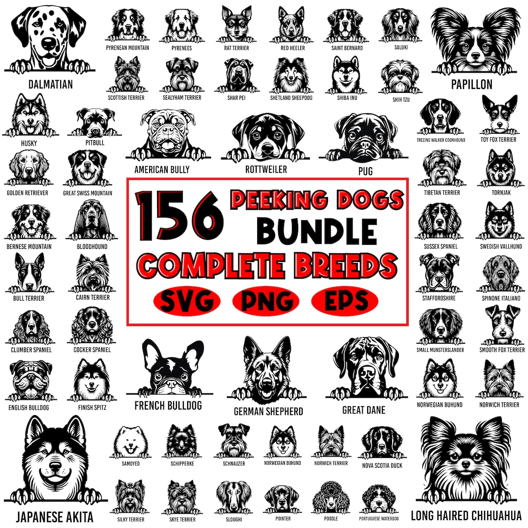 Peeking Dogs Complete Breeds Bundle SVG, 156 Dogs Vector Art, Digital ...