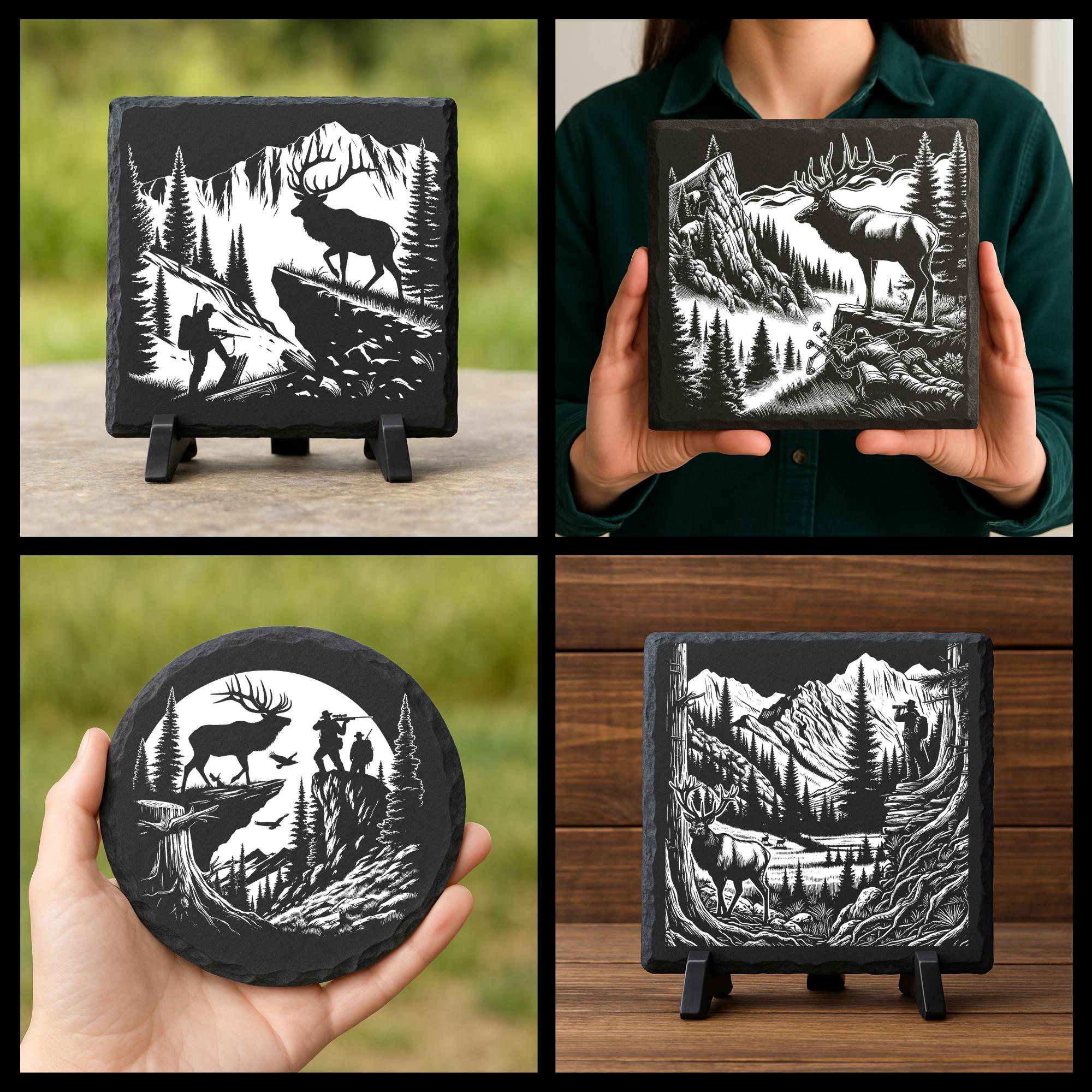 154 Elk Hunting Scene Slate Engraving Files: Wildlife PNG Bundle for ...