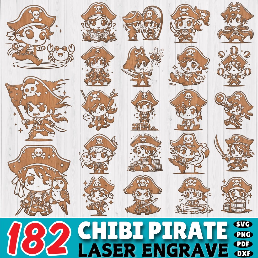 182 Laser Engraved Chibi Pirate Laser Cut Files | Pirate DXF Bundle ...