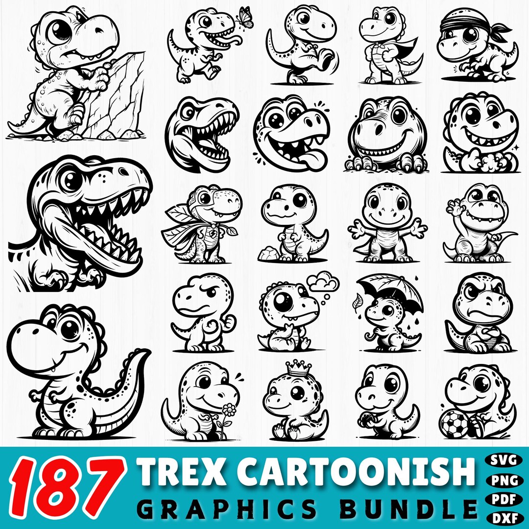 187 T-rex Cartoon Svg | Funny Dinosaur Dxf Bundle | Cute T Rex Svg for ...
