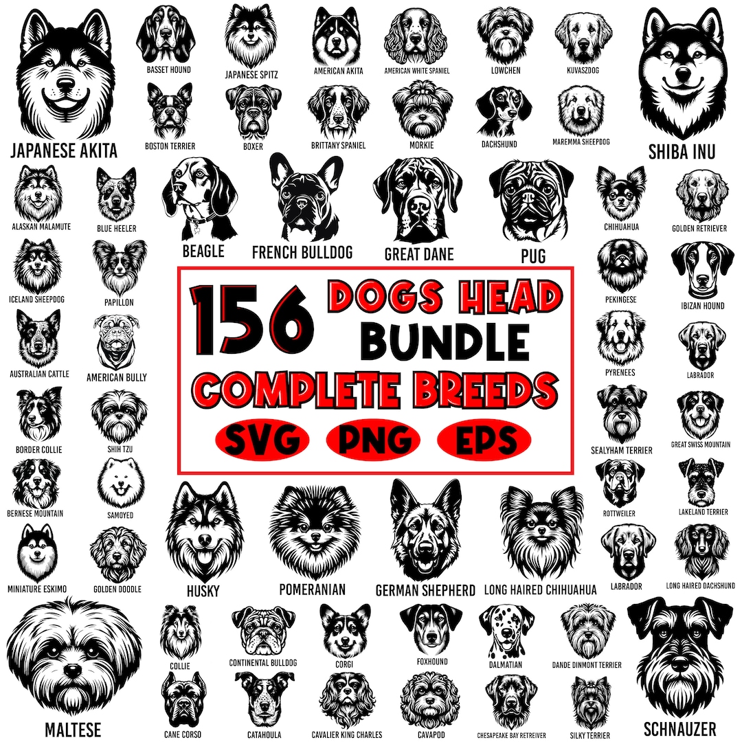 Dog Heads Complete Breeds Bundle SVG, 156 Dogs Vector Art, Digital ...