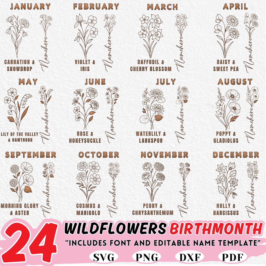 Wildflower Birth Month Bouquet SVG Bundle: Floral Laser Cut Files ...