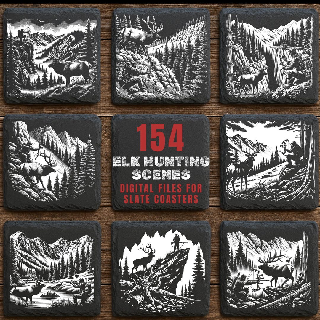 154 Elk Hunting Scene Slate Engraving Files: Wildlife PNG Bundle for ...