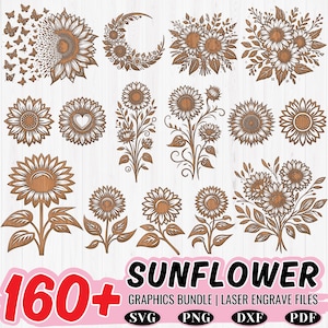 Laser Engraving Files 160+ Sunflower Dxf Bundle | Floral Laser Cut ...