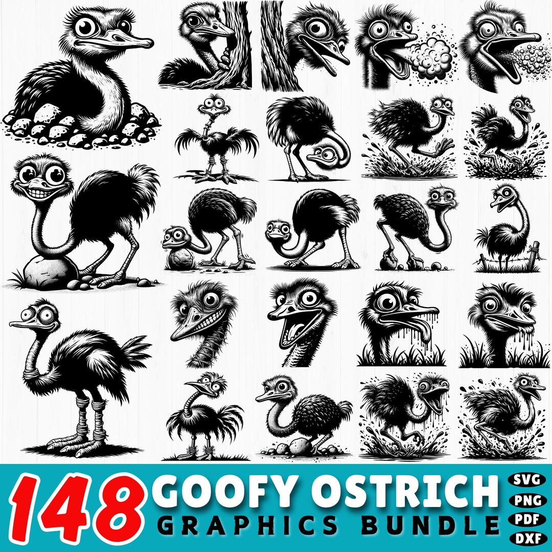 148 Goofy Ostrich SVG Bundle: Funny Farm Bird Clipart, Cartoon Ostrich ...