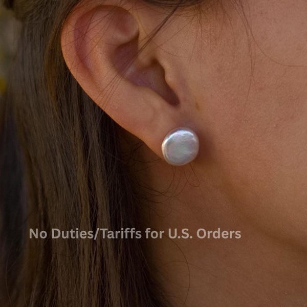 White Coin Pearl Stud - Etsy UK