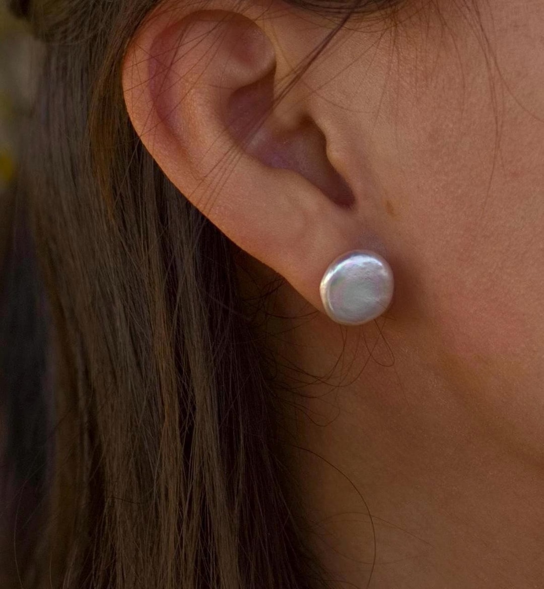 AAAA White Coin Pearl Studs Earrings, Baroque Earrings, Freshwater ...