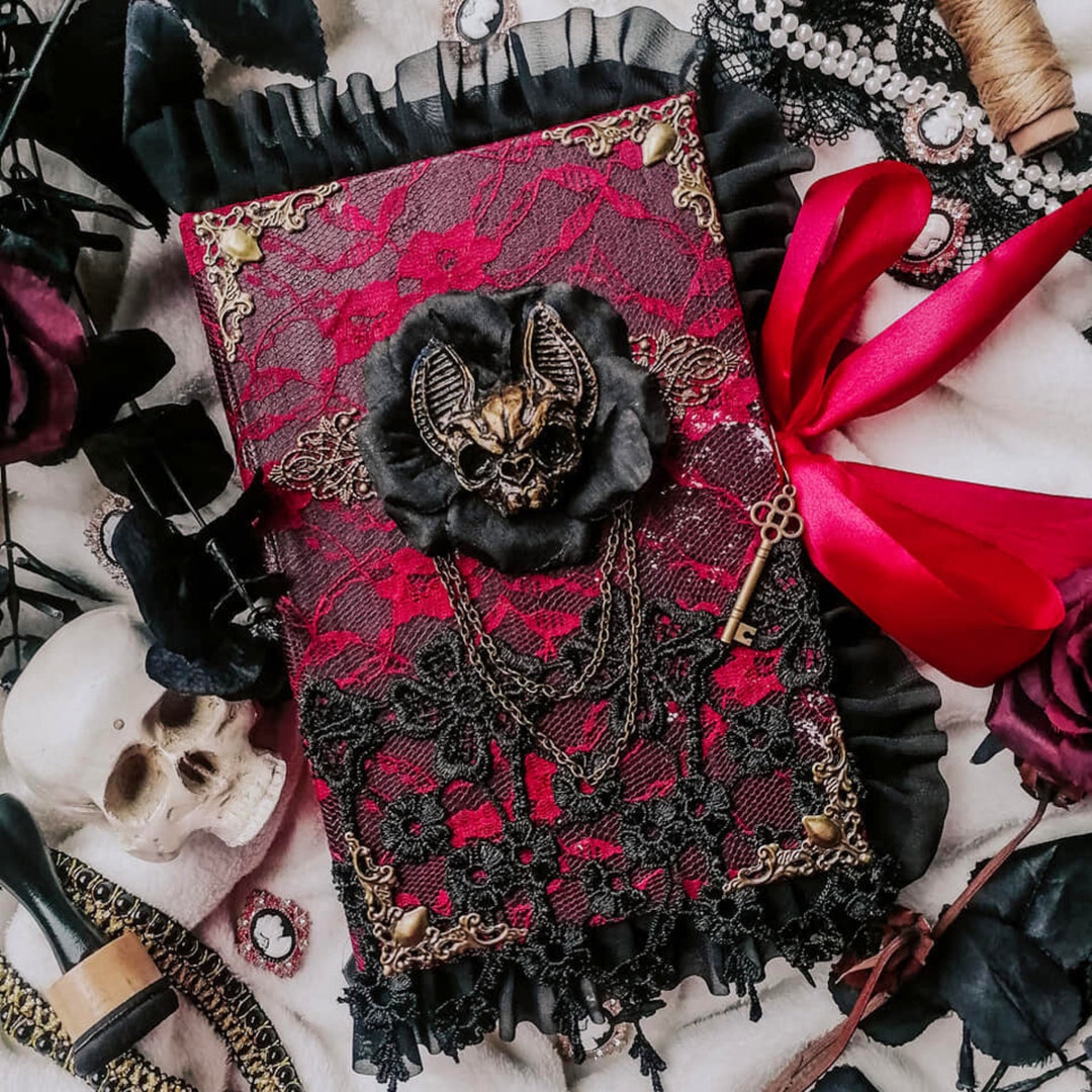 Journal Notebook Hard Cover Gothic Bat Skull Vampire Black Red Handmade ...