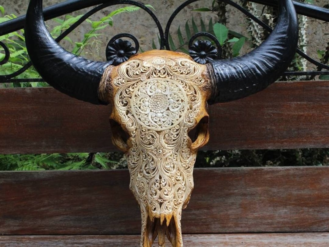Buffalo Skull Carving Wall Decor - REAL HAND Carved Buffalo Skull With ...