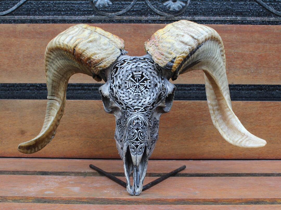 CARVED Ram Skull - REAL Hand Carved Ram Skull Decor, Ram Skull Carving ...
