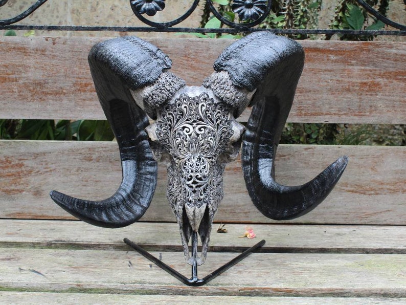 Hand Carved Ram Skull With Horns Black Gray Home Decor - Etsy