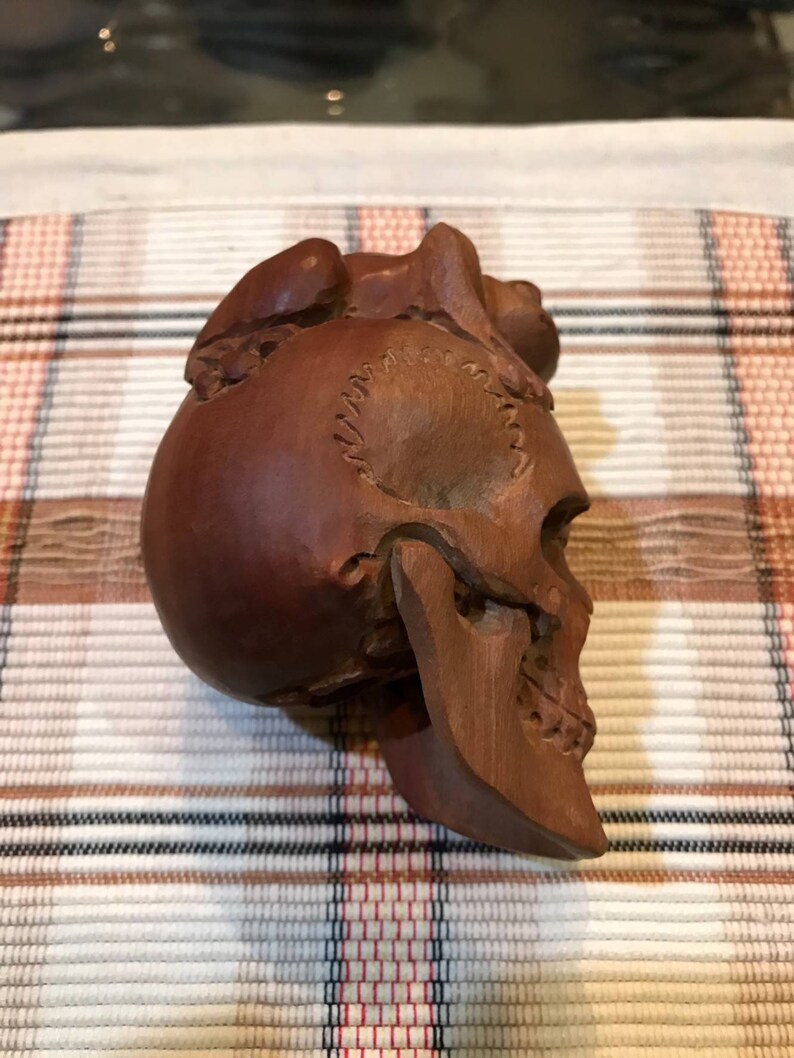 Carved Wooden Human Skull Skull Carving With Frog. | Etsy