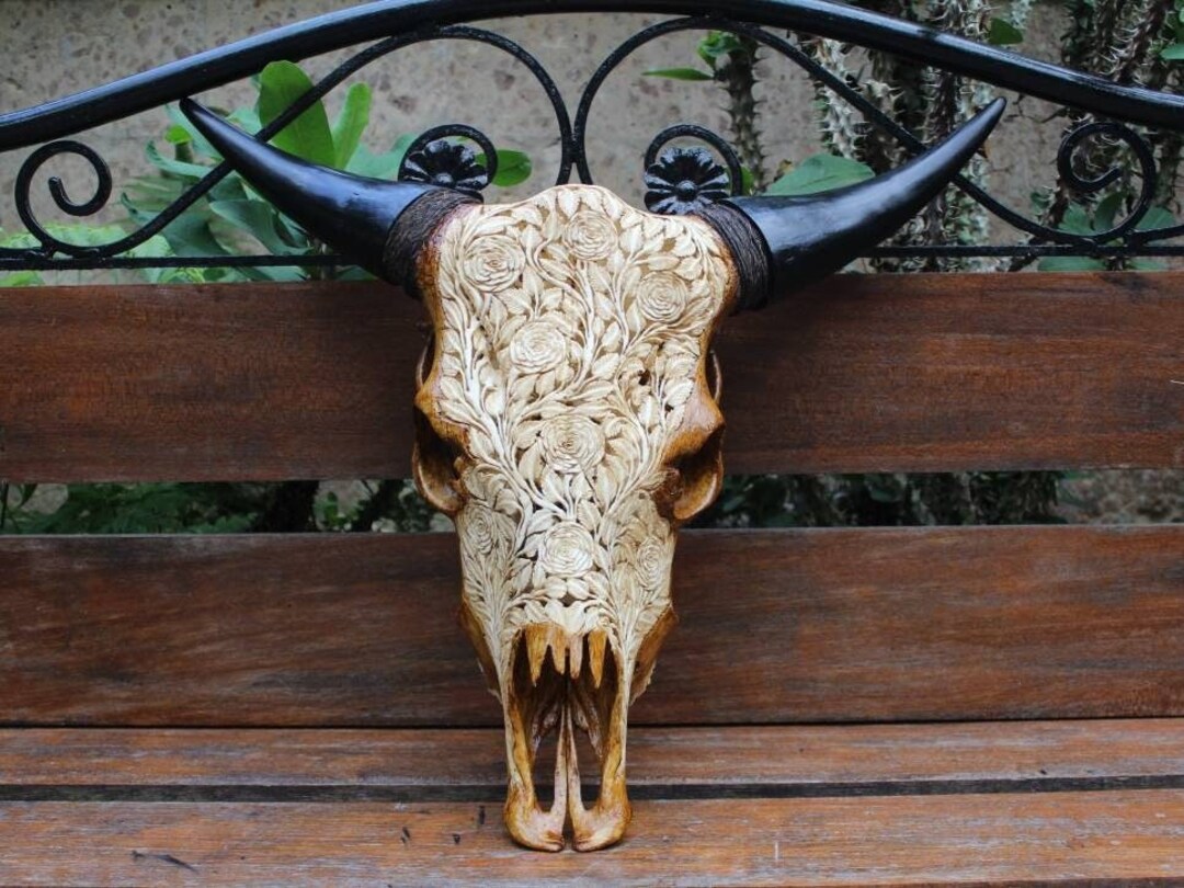 Hand Carved Cow Skull Wall Decor: Floral Design, Indonesian Art - Etsy