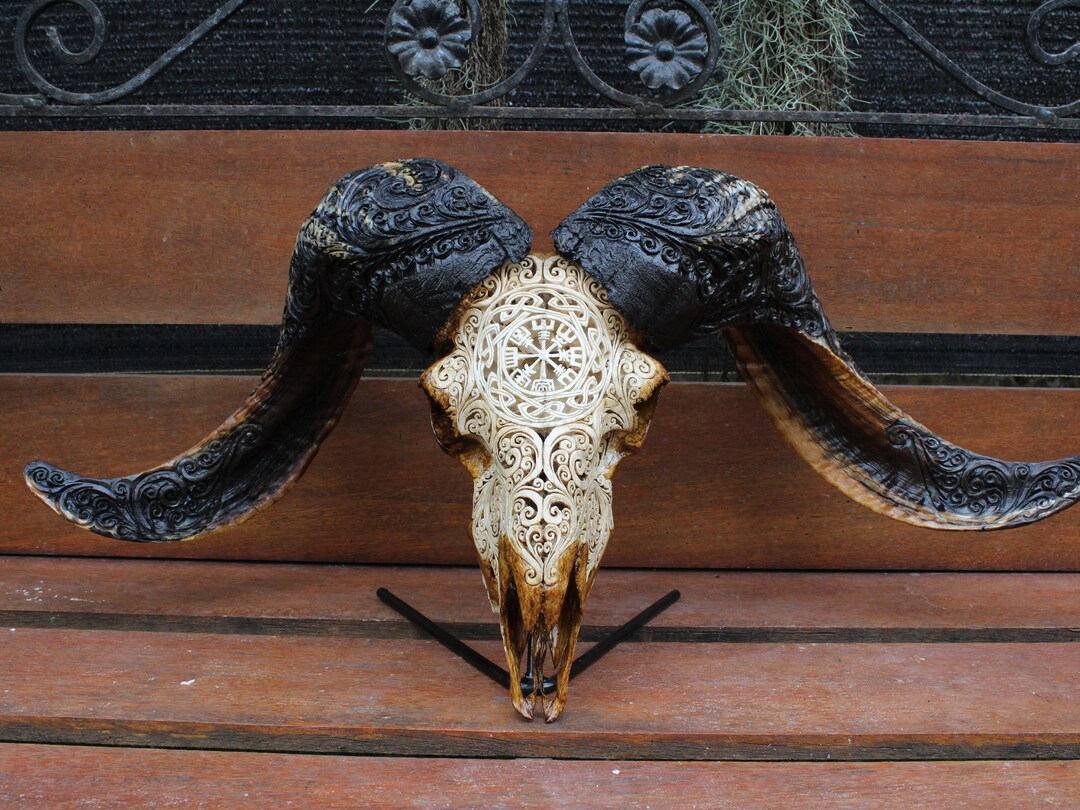 CARVED BIG Ram Skull Decor REAL Hand Carved Ram Skull With Horn Carving ...