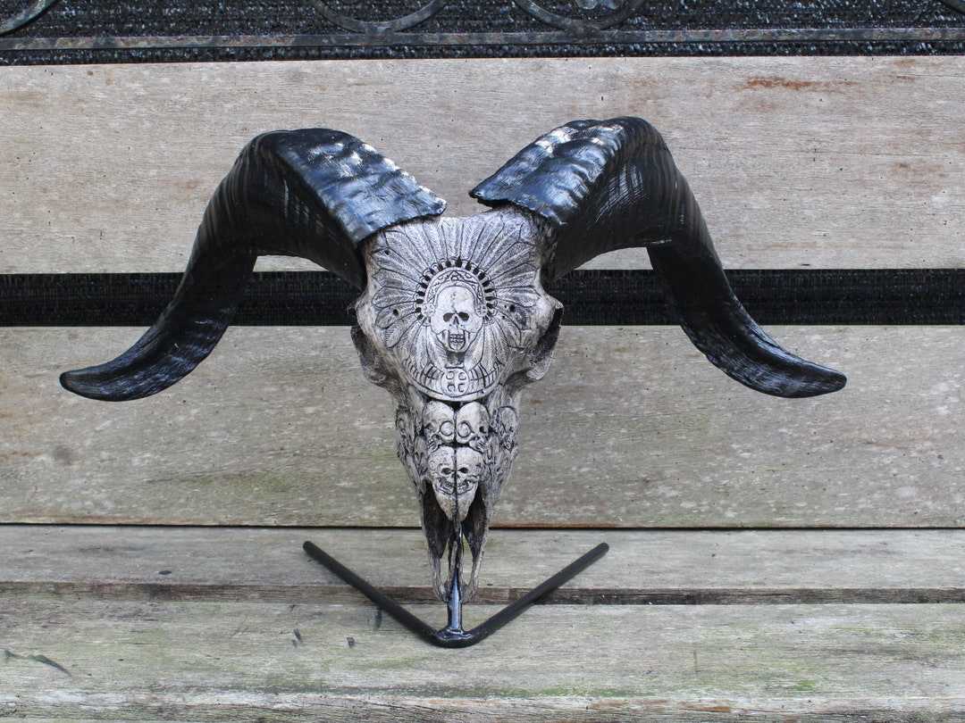 CARVED Ram Skull - REAL Hand Carved Ram Skull Decor, Ram Skull Carving ...