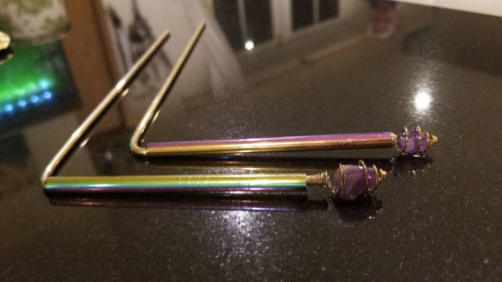 Magnificent Rainbow and Amethyst Bronze Dowsing Rods With Sample Cage ...