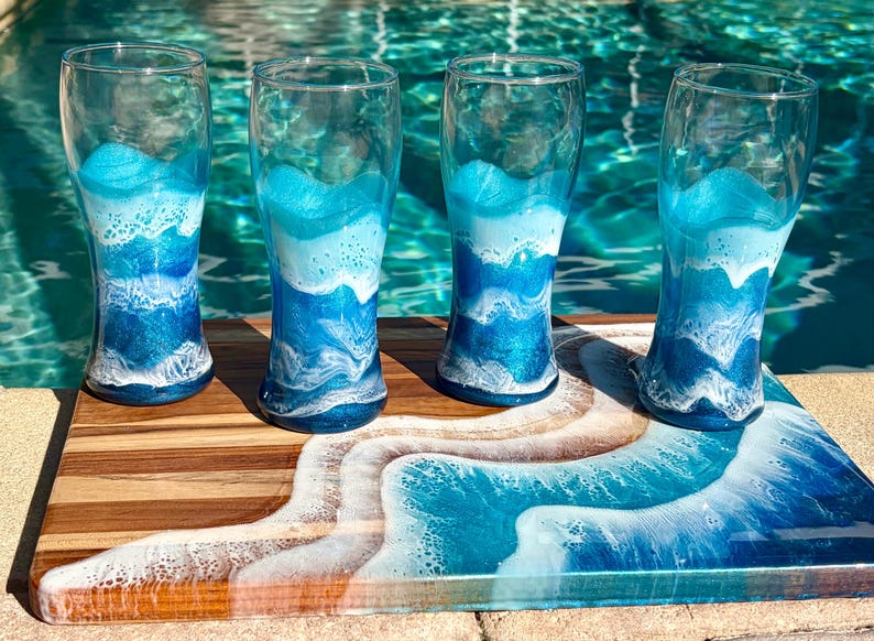 Resin Ocean Beer Glasses (4), Pilsner Glass Shape, Handmade Beach ...