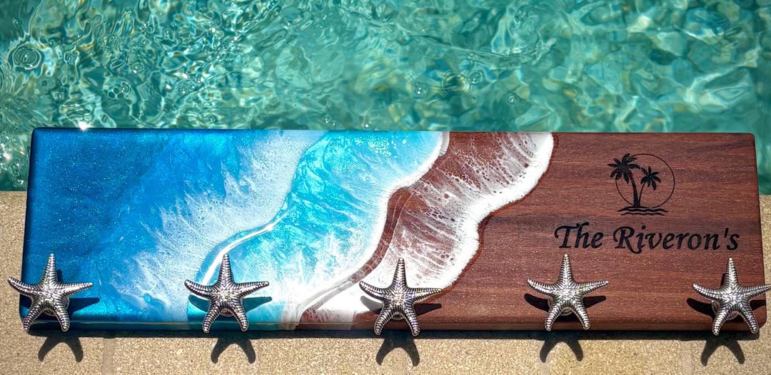 Personalized Ocean Resin Key Rack: Cumaru Wood, Sea Turtle Hooks ...