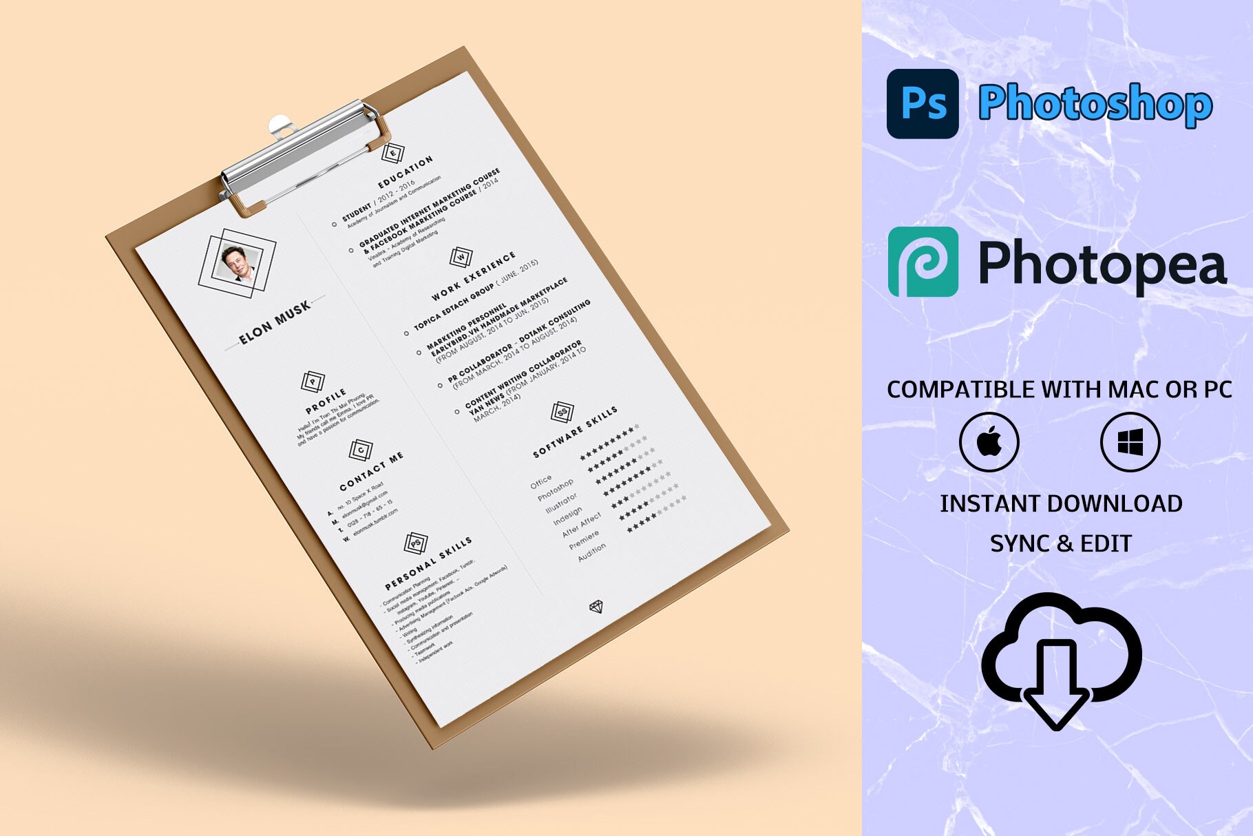 Resume Photoshop CV Template PSD Cv Photopea CV Template - Etsy Ireland