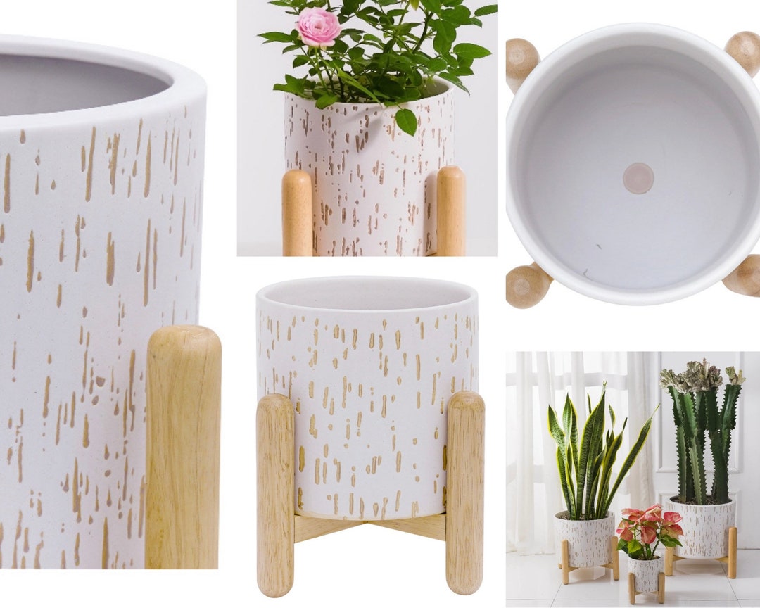 Modern Round White and Tan Ceramic Planter Wood Stand 6 - Etsy