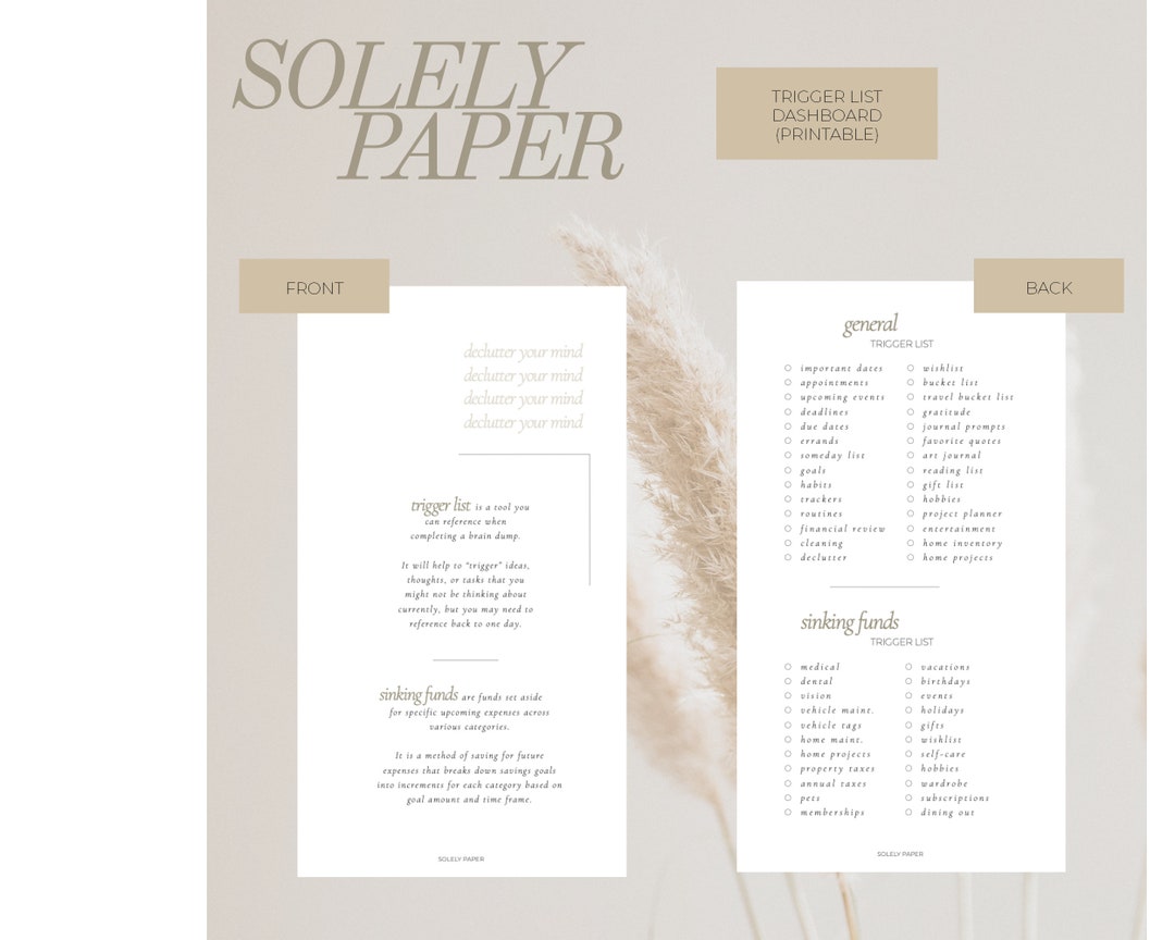 Trigger List Printable Dashboard - PERSONAL - Etsy