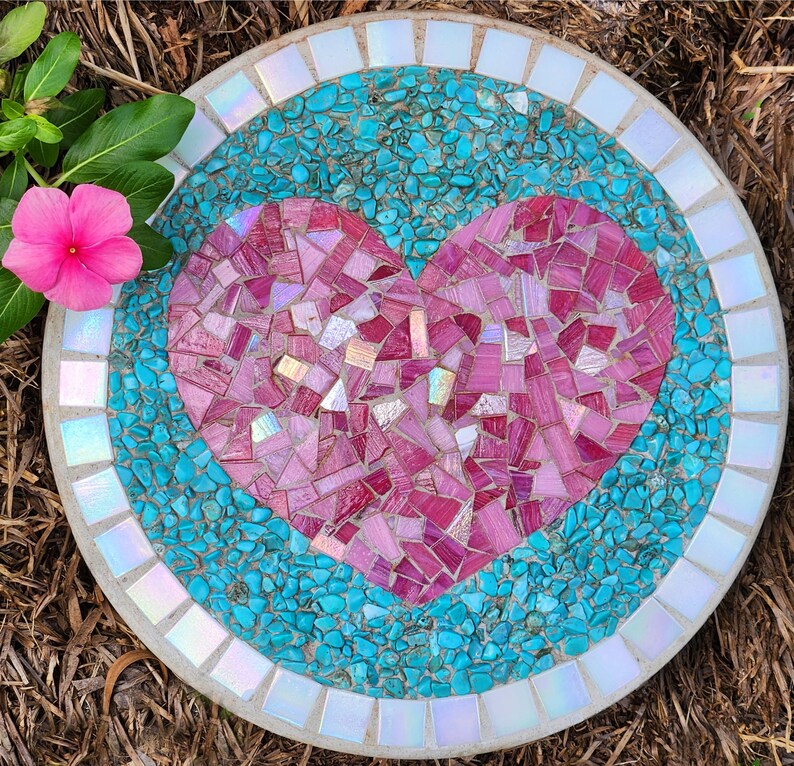 Handmade Mosaic Heart Stepping Stone. One of a Kind. Varying Pinks ...