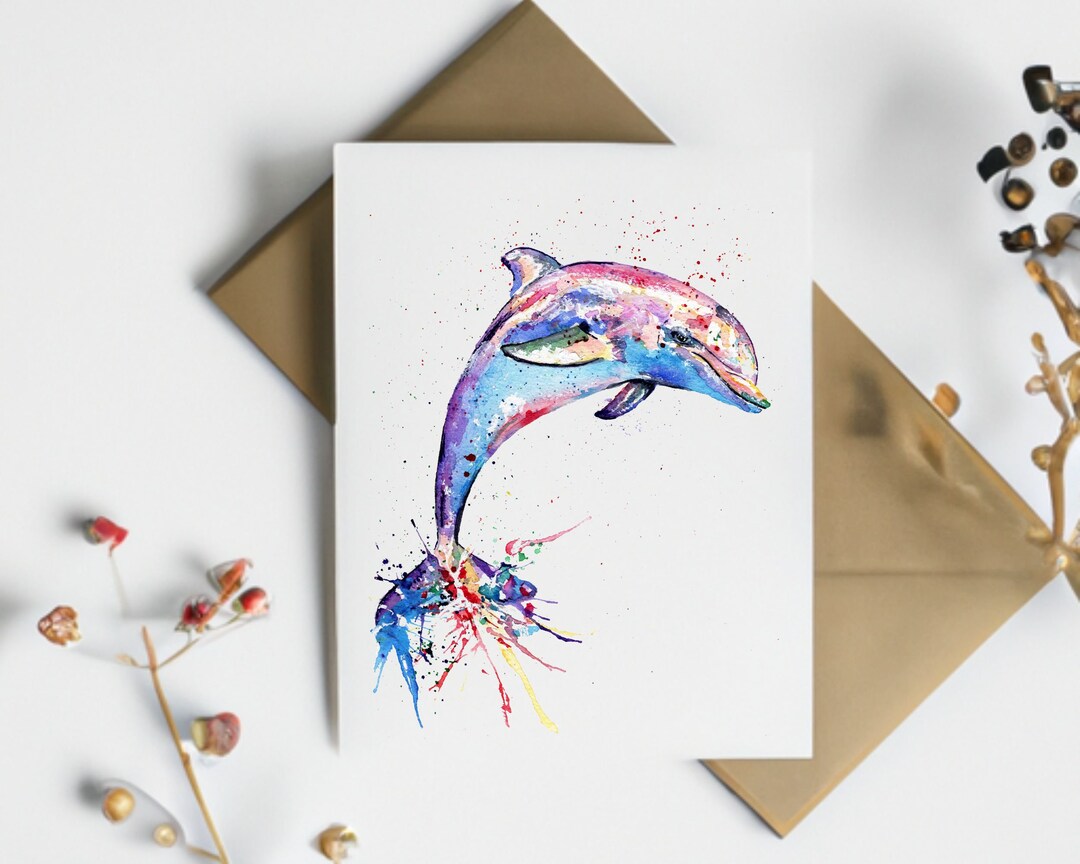 Rainbow Dolphin Greeting Card, Colorful Ocean Animal Art, Whimsical Sea ...