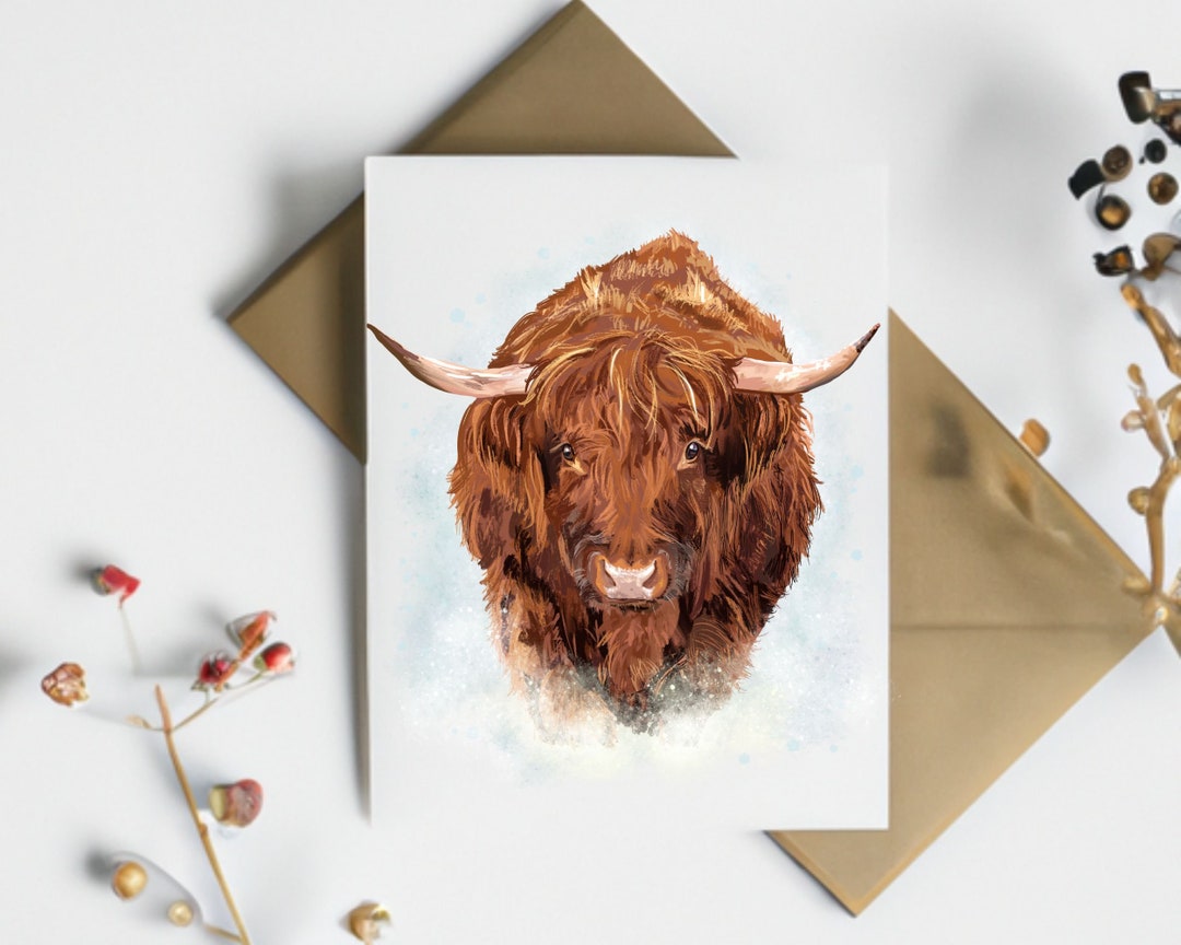 Highland Cow Greeting Card, Scottish Cow Art Card, Cute Highland Coo ...