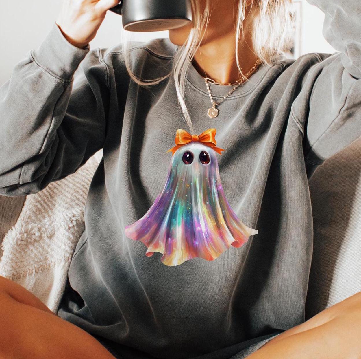 Iridescent Glitter Bow Ghost Png - Holographic Cute Ghost Png - Pastel ...
