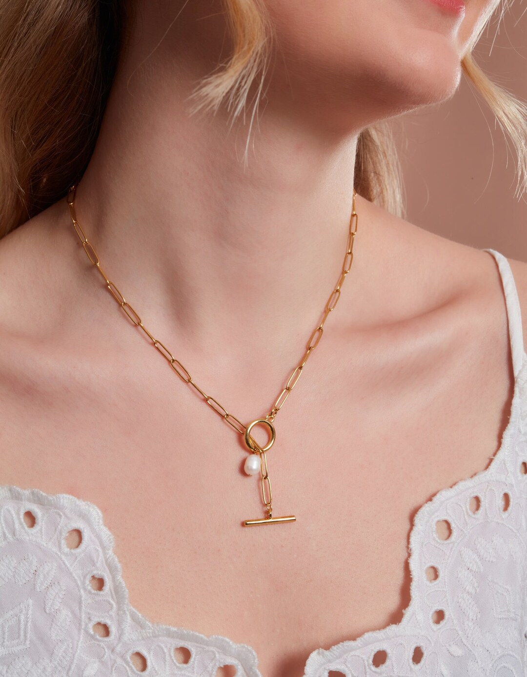 18K Gold Filled Toggle Necklace With Pearl, Toggle Clasp Choker ...