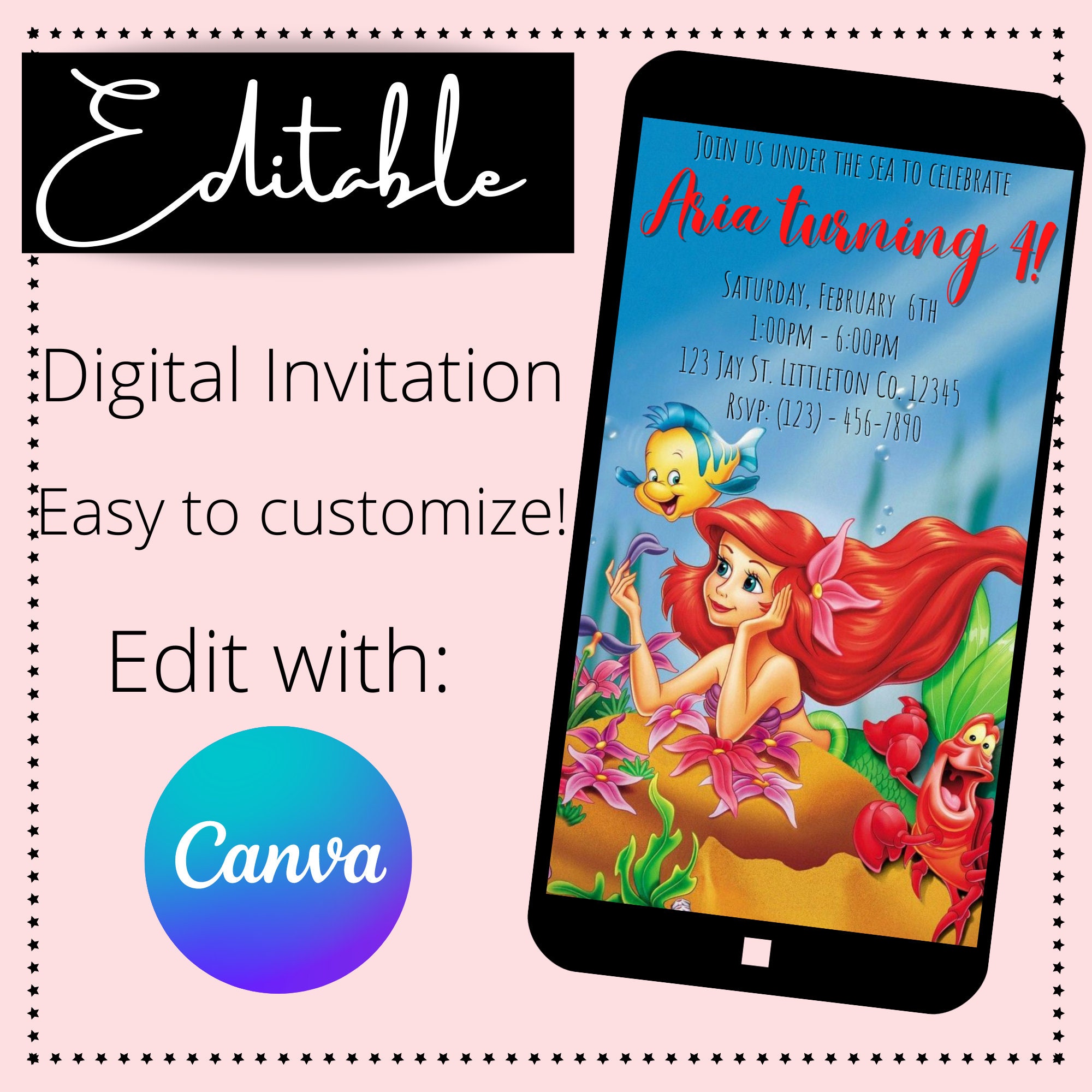 Kid's Character Birthday Invitation | Mermaid Theme Birthday | Mermaid ...