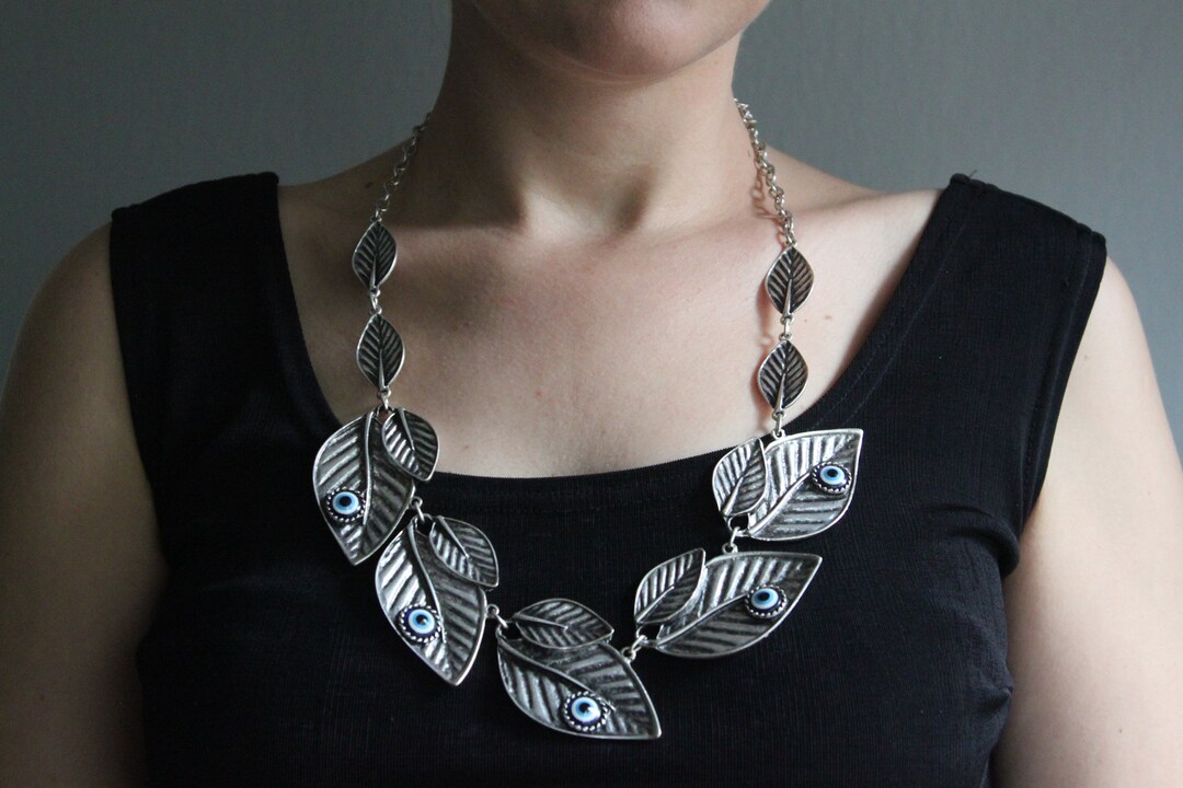 Silver Statement Necklace , Large Leaf Necklace,evel Eye Silver ...