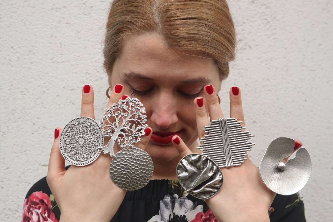 Boho Style Oversize Rings, Large Silver Ring, Asymmetric Ring, Lotus ...