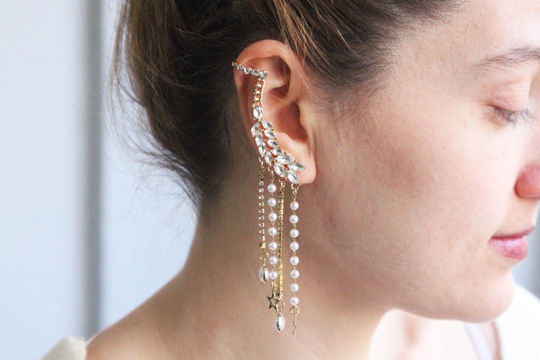 Crystal Ear Crawler Earrings: 14k Gold Plated Fringe Ear Cuff - Etsy