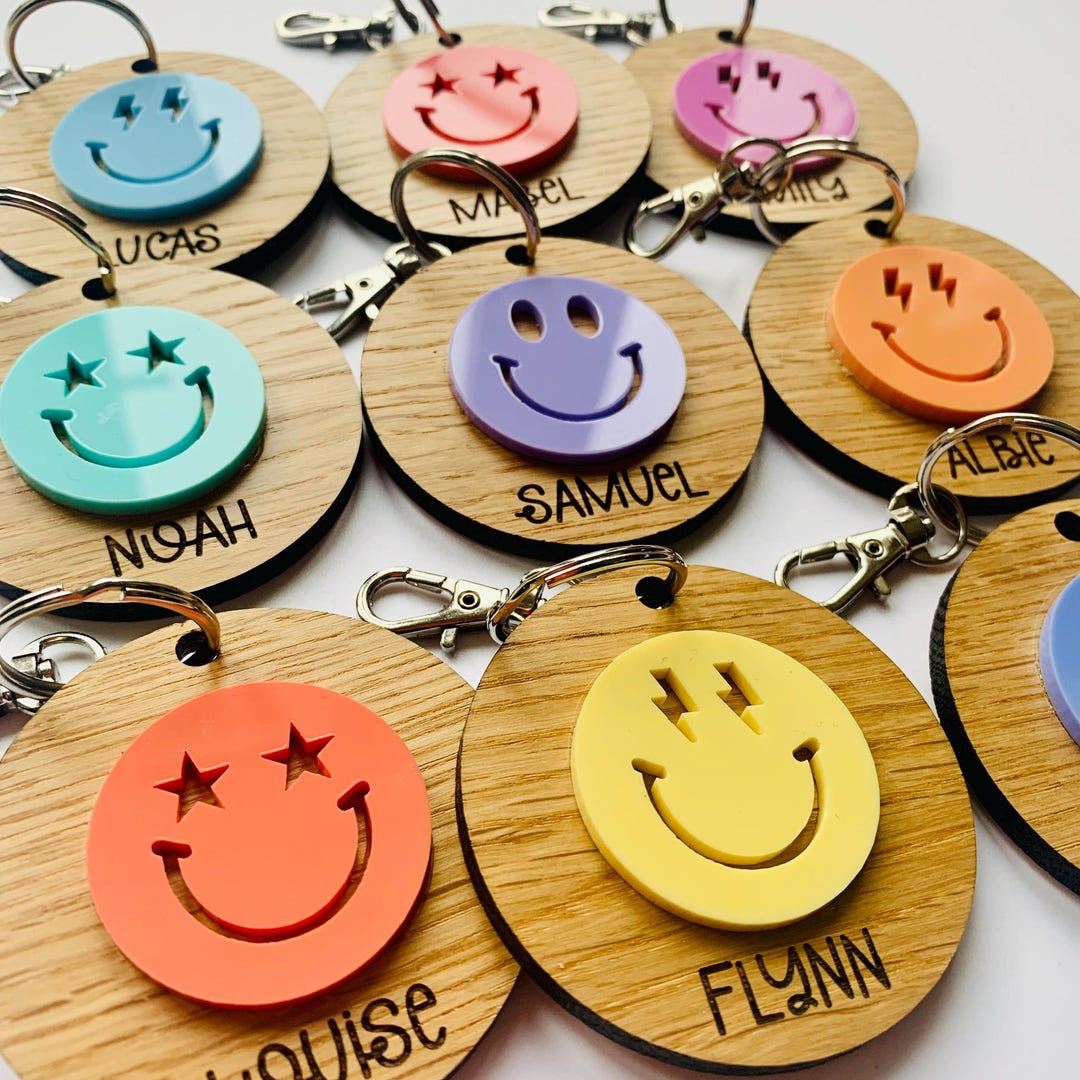 Personalised Oak Bag Tags With Acrylic Smiley Face – Custom Book Bag ...