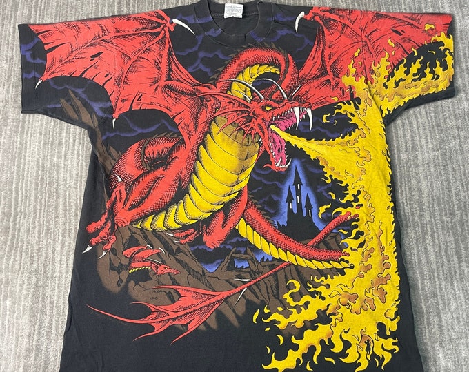 Vintage 90s Liquid Blue Dragon All Over Print Artwork Single Stitch ...