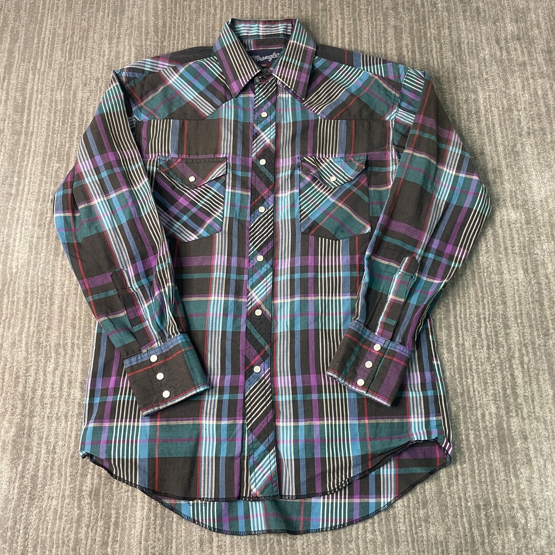 Vintage 90s Wrangler Two Pocket Western Cowboy Plaid Pattern Pearl Snap ...