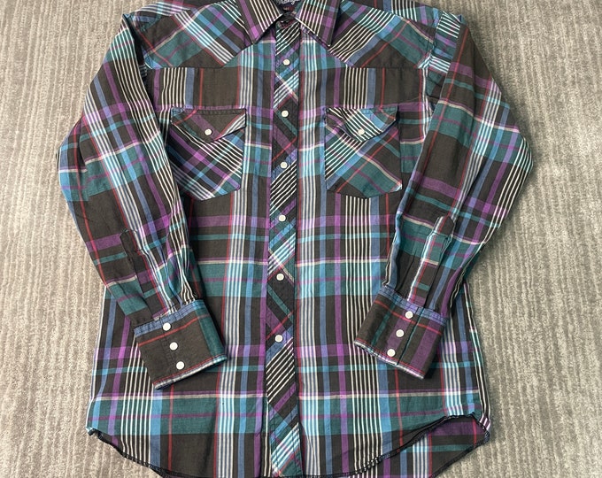 Vintage 90s Wrangler Two Pocket Western Cowboy Plaid Pattern Pearl Snap ...