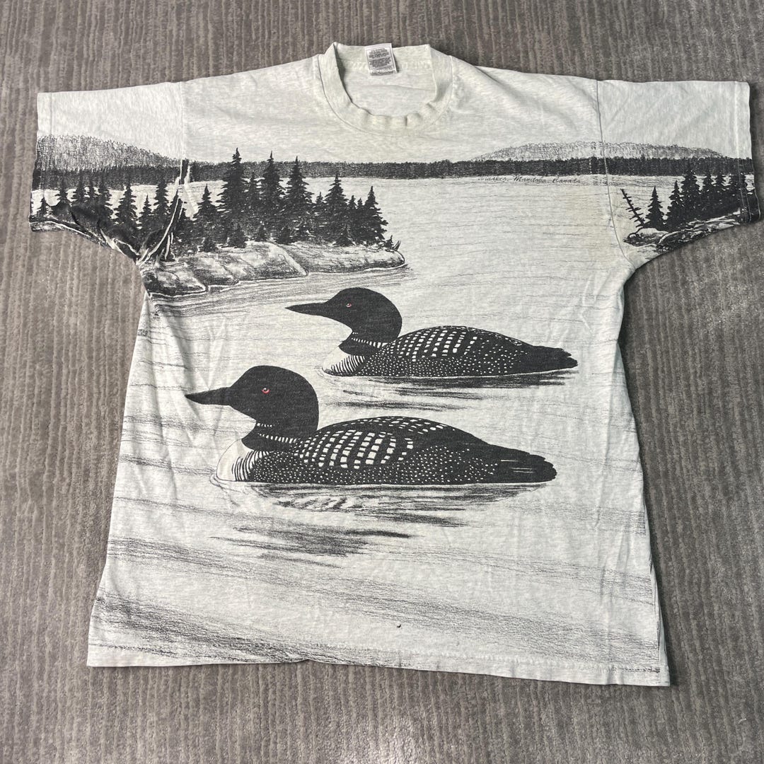 Vintage 90s Loon Bird Animal Nature Canada Lakes All Over Print Basic ...