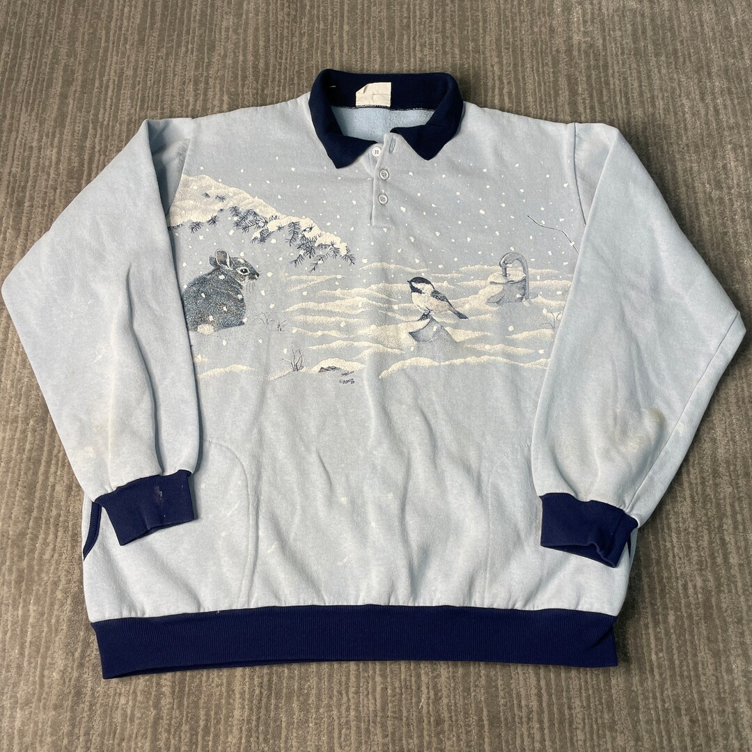 Vintage 80s Birds Bunnies Winter Snow Fall Artwork 1980s Fashion Basic ...