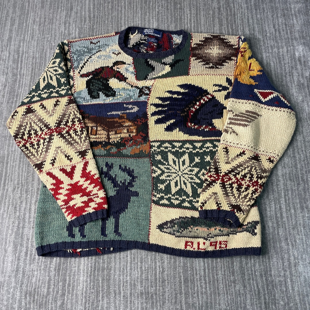 Vintage 90s Polo Ralph Lauren Native Patchwork Fishing 1990s Fashion Grandpa Style Muli Color ...