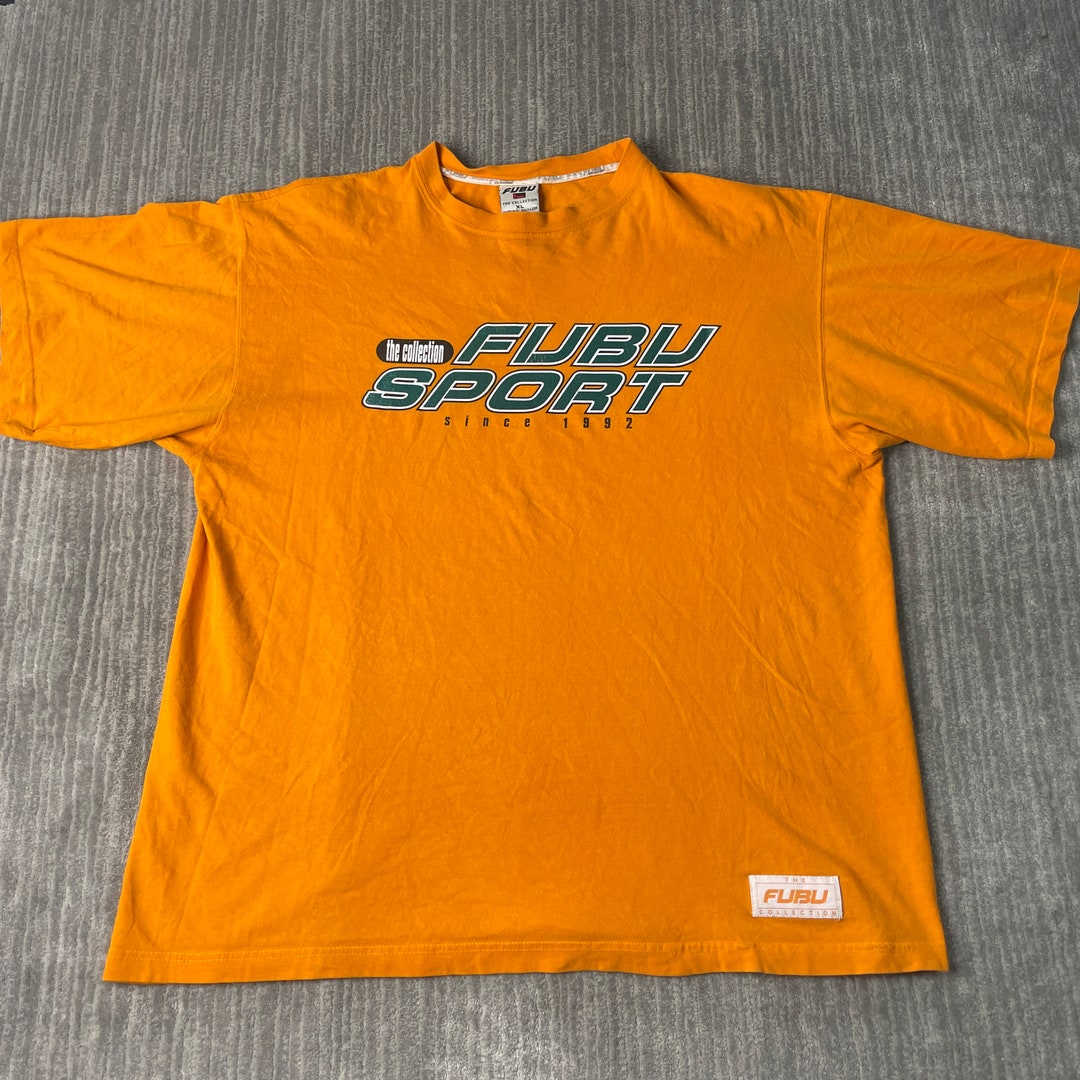 Vintage 2000s Fubu Sport Double Sided Urban Hip Hop Y2K Aesthetic Streetwear Orange Graphic T ...