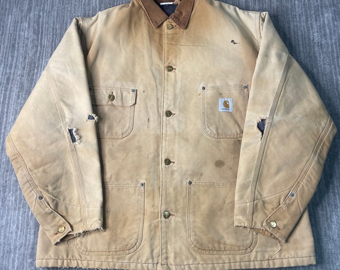 Vintage 90s Carhartt Chore Blanket Lined Workwear Carpenter Stitched Embroidered Tan Button up ...