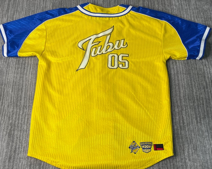Vintage 2000s Fubu Urban Hip Hop Baseball Style Stitched Embroidered Y2K Aesthetic Yellow Button ...