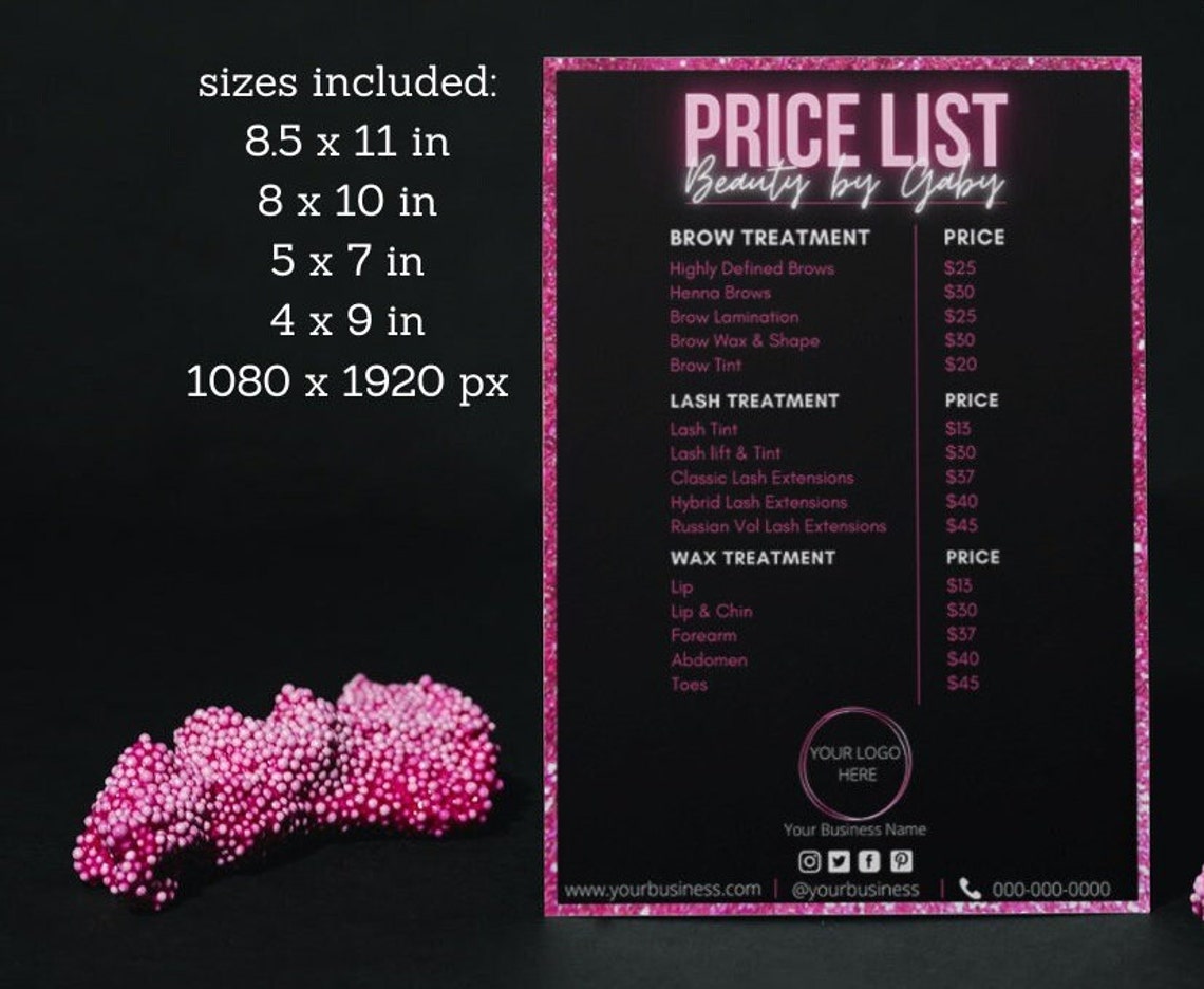 Neon/pink Glitter Price List Templates, Editable Business Pricing Sign ...