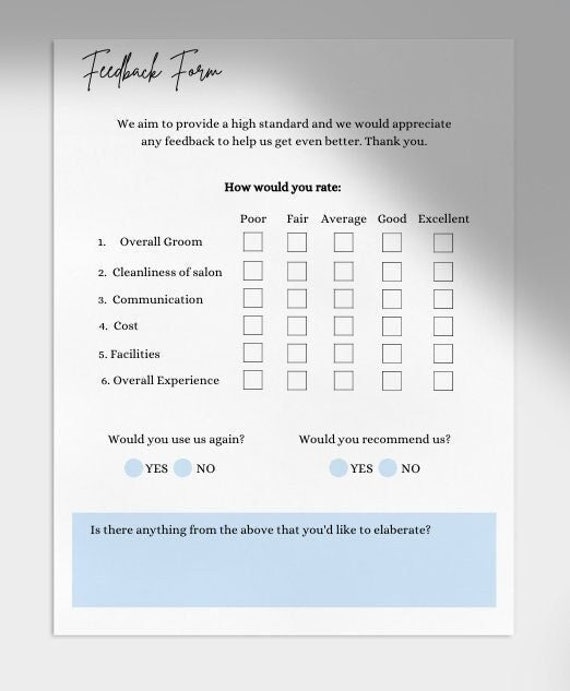 Dog Grooming Feedback Form Dog Grooming Business Form - Etsy