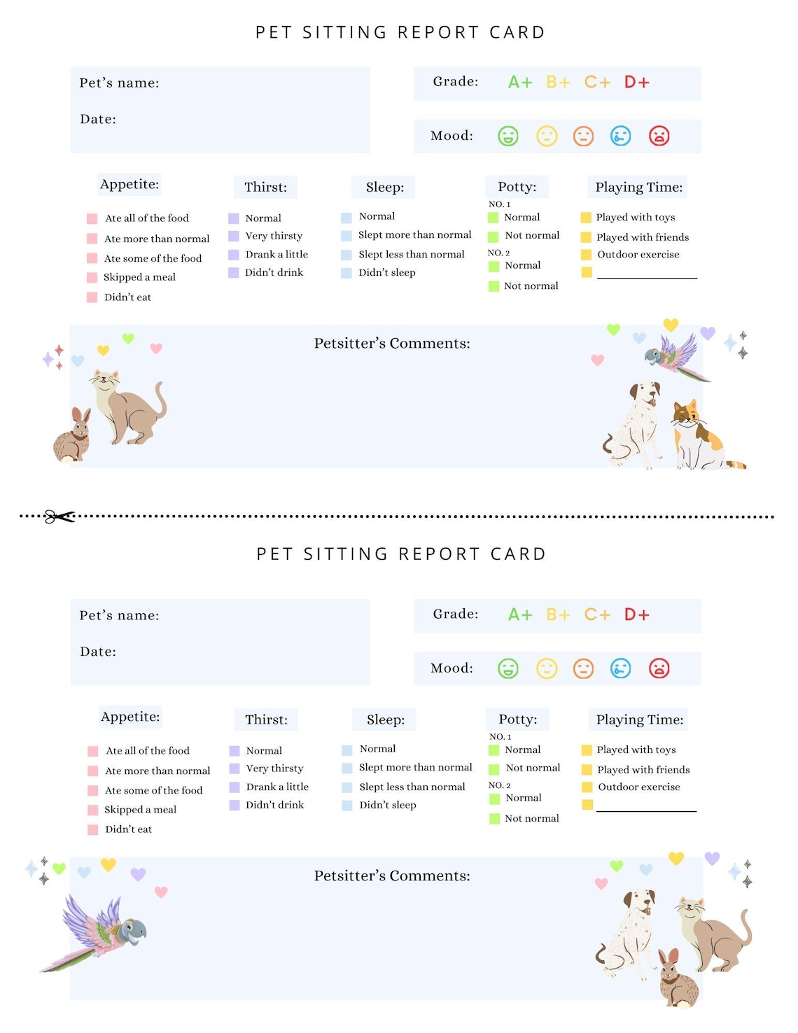 Editable Pet Sitting Report Card, Pet Sitting Report Card Template - Etsy