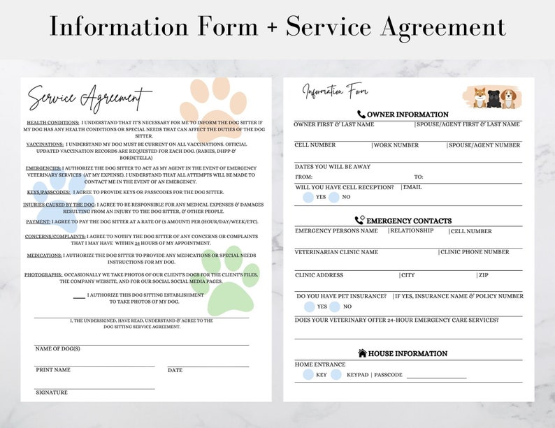 Dog Sitting Information Form Dog Sitting Service Agreement - Etsy