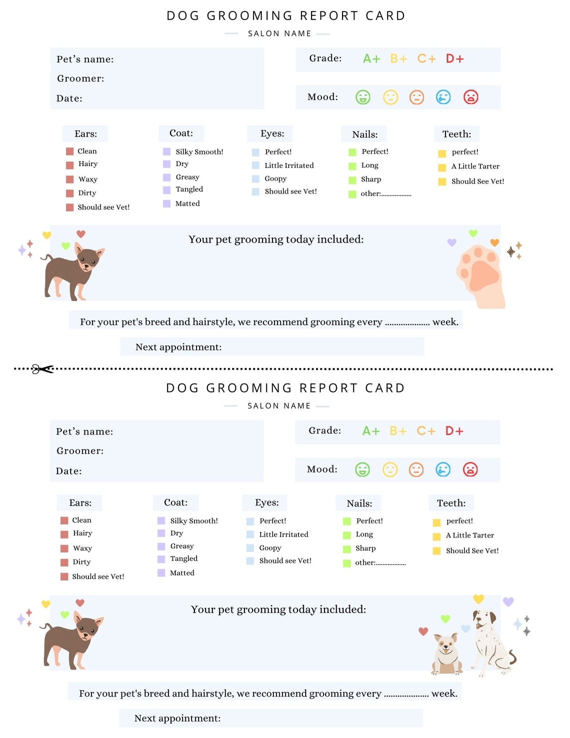 Editable Dog Grooming Report Card, Dog Groomer Report Card Template - Etsy